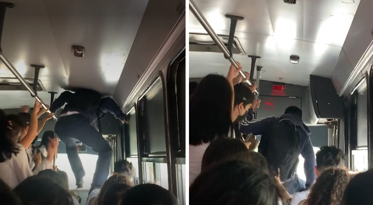 Pasajero tuvo que trepar entre asientos para bajar de bus lleno | VIDEO